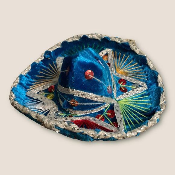Other | Vtg Miniature Mexican Sombrero Blue Velvet With Sequins ...